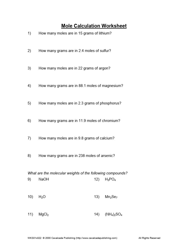 Mole Calculation Worksheet: What Are The Molecular Weights of The ...