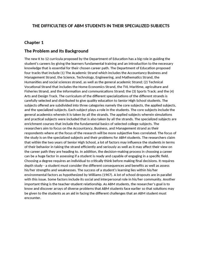 The Difficulties of Abm Students in Their Specialized Subjects (Aai ...