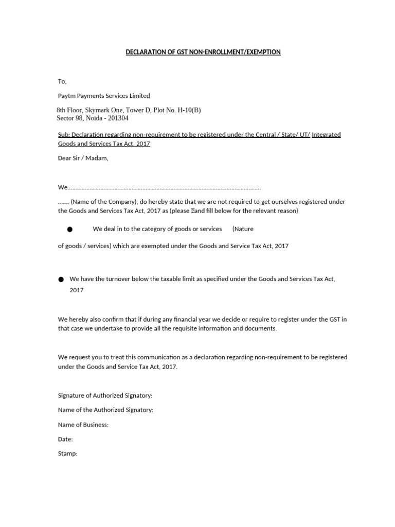 Declaration of GST Non Enrollment | PDF