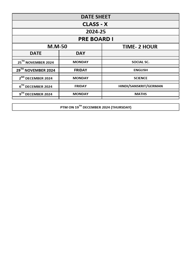 Class X Pre Board Exam Schedule 2024 | PDF