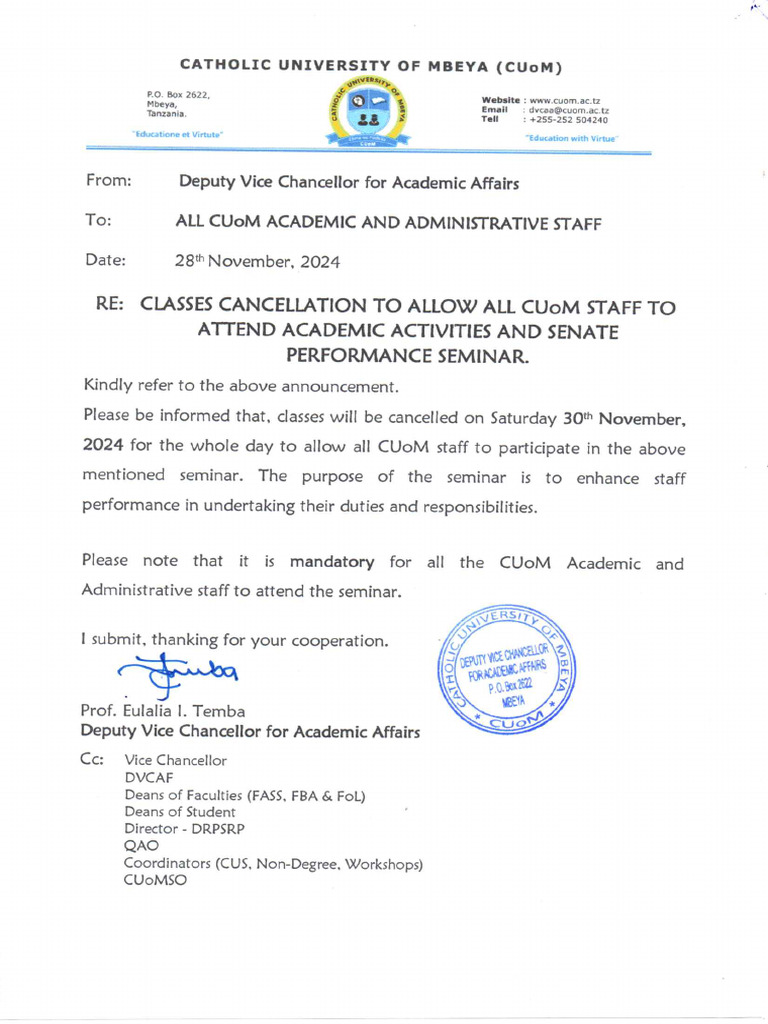 CLASS CANCELATION FOR SEMINAR | PDF