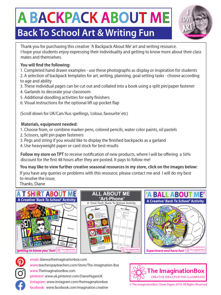3 - All About Me Back To School Backpack Booklet Art Activity | PDF
