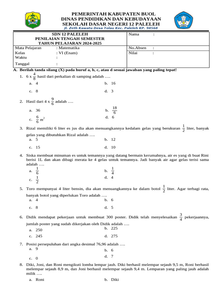 Soal Asas Ganjil Matematika Kelas 6 | PDF