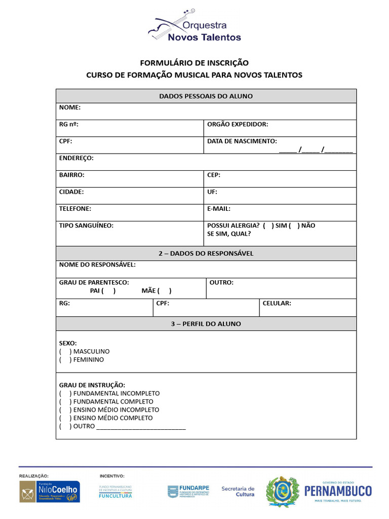 2 FormulÁrio de InscriÇÃo Do Curso de FormaÇÃo Musical - Orquestra ...