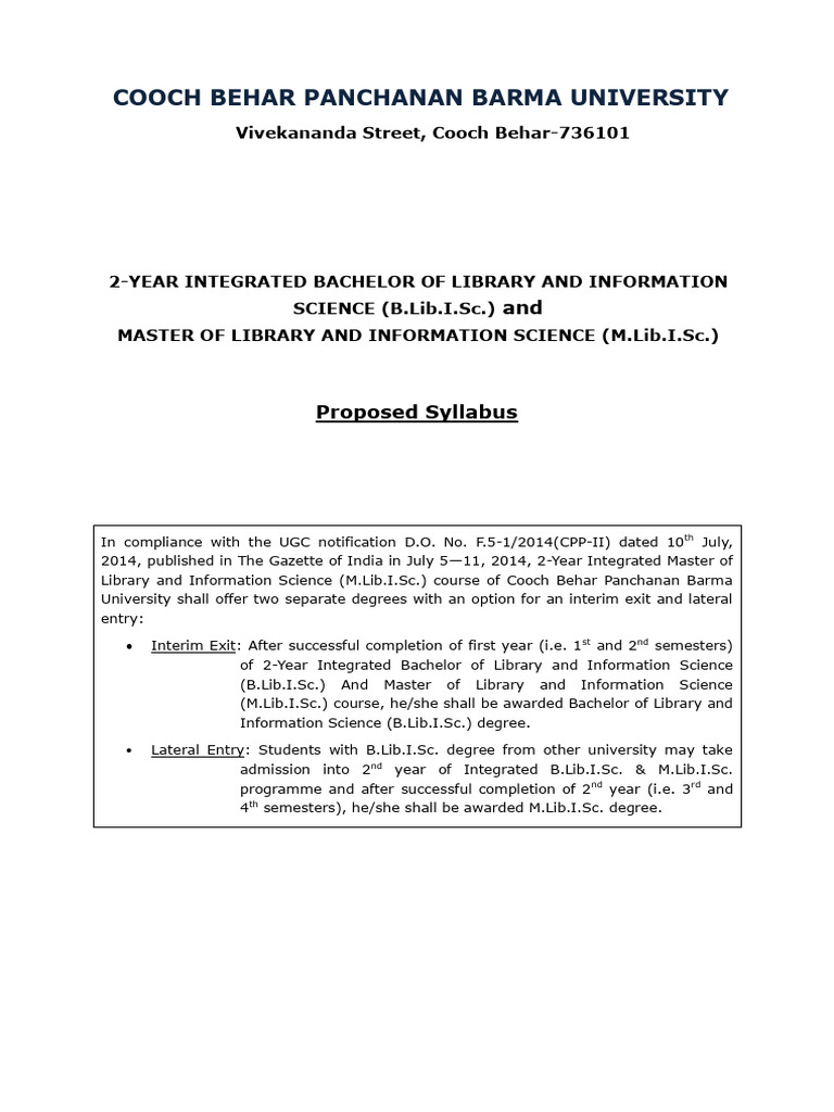 Final CBCS SYLLABUS 2 YR Int. BLIS & MLIS Edited - CBPBU | PDF | Computer Network | Databases