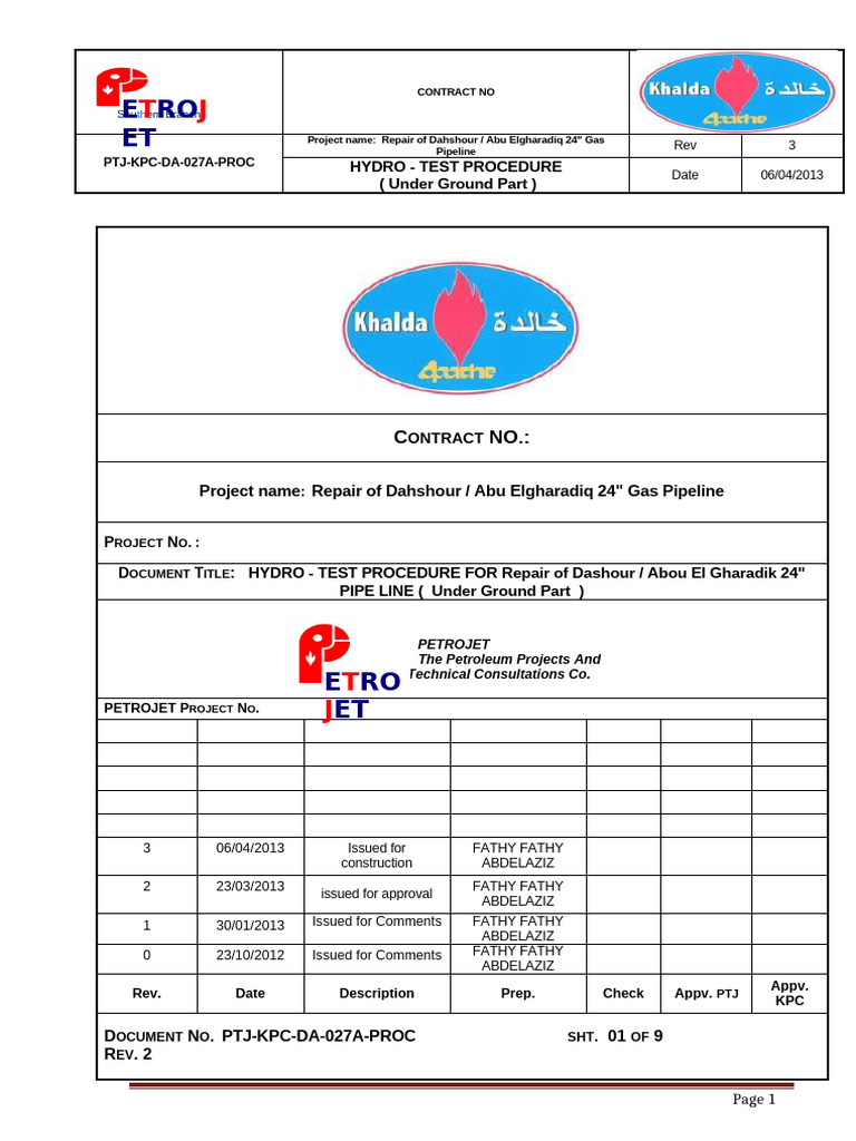 Hydrotest Procedure (Under Ground) 1 | PDF | Pipe (Fluid Conveyance ...