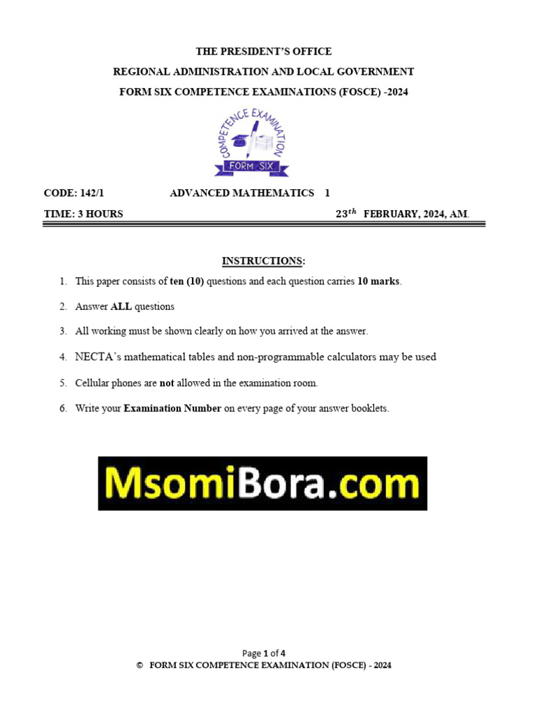 Form Six Advanced Mathematics Exam 2024 | PDF | Mathematics