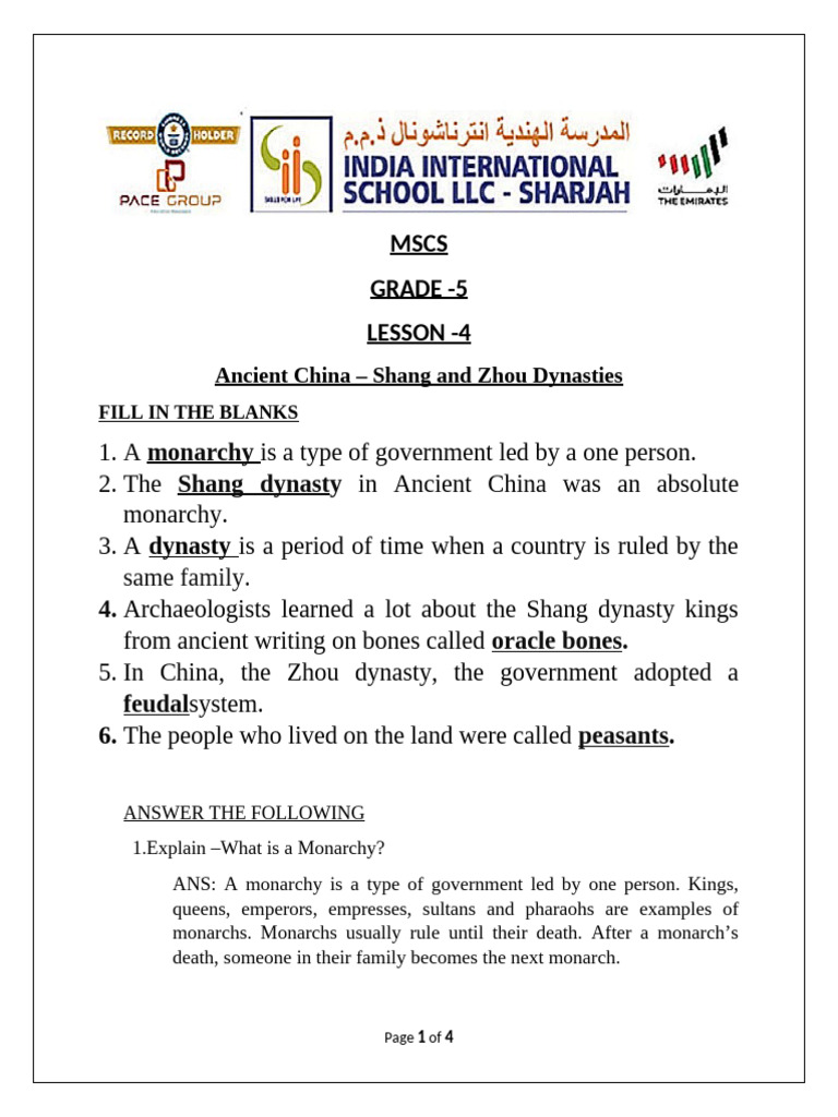 Grade 5: Ancient China Dynasties | PDF | Monarch | Dynasty