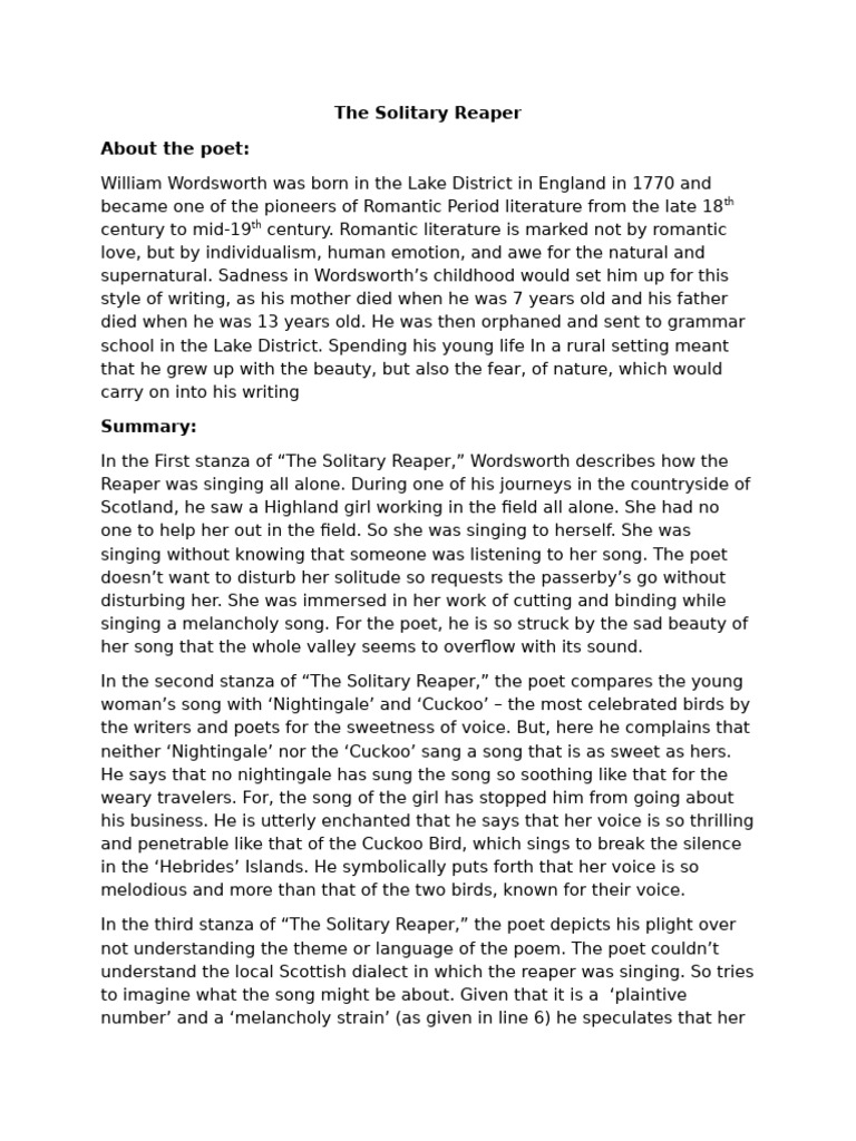 The Solitary Reaper Summary | PDF