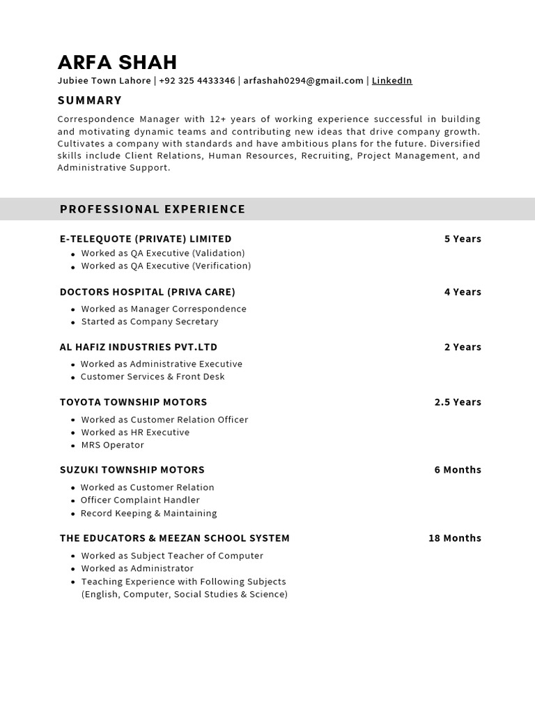 Arfa Shah Resume | PDF | Business