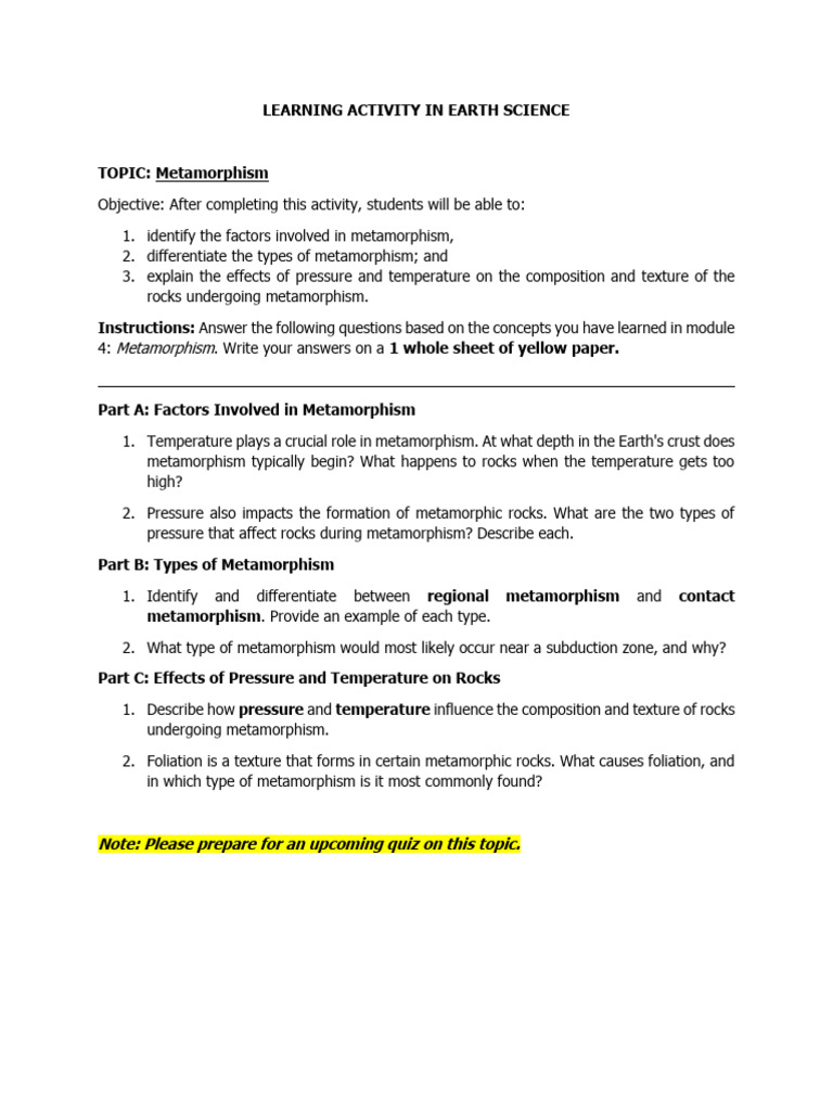 Metamorphism Learning Activity | PDF