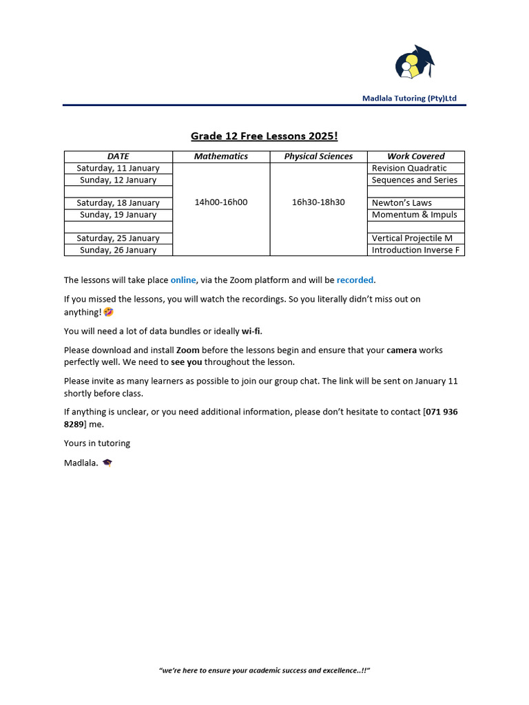 Grade 12 Free Lessons 2025 | PDF