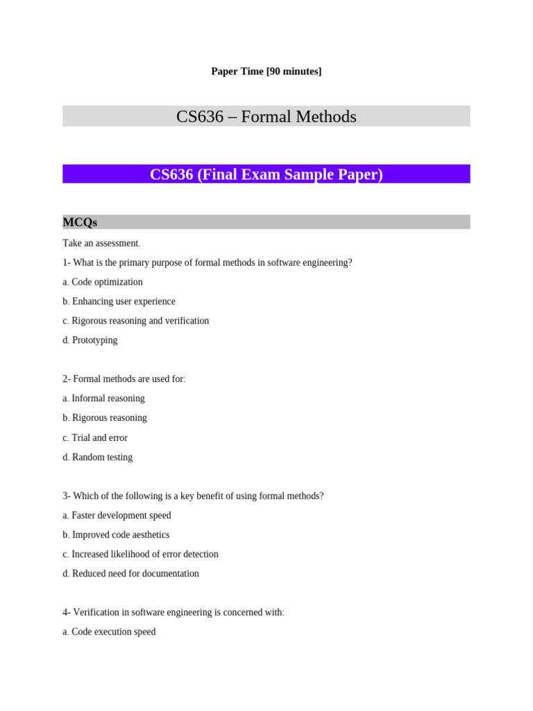 CS636 Formal Methods Final Exam Sample | PDF | Set (Mathematics ...