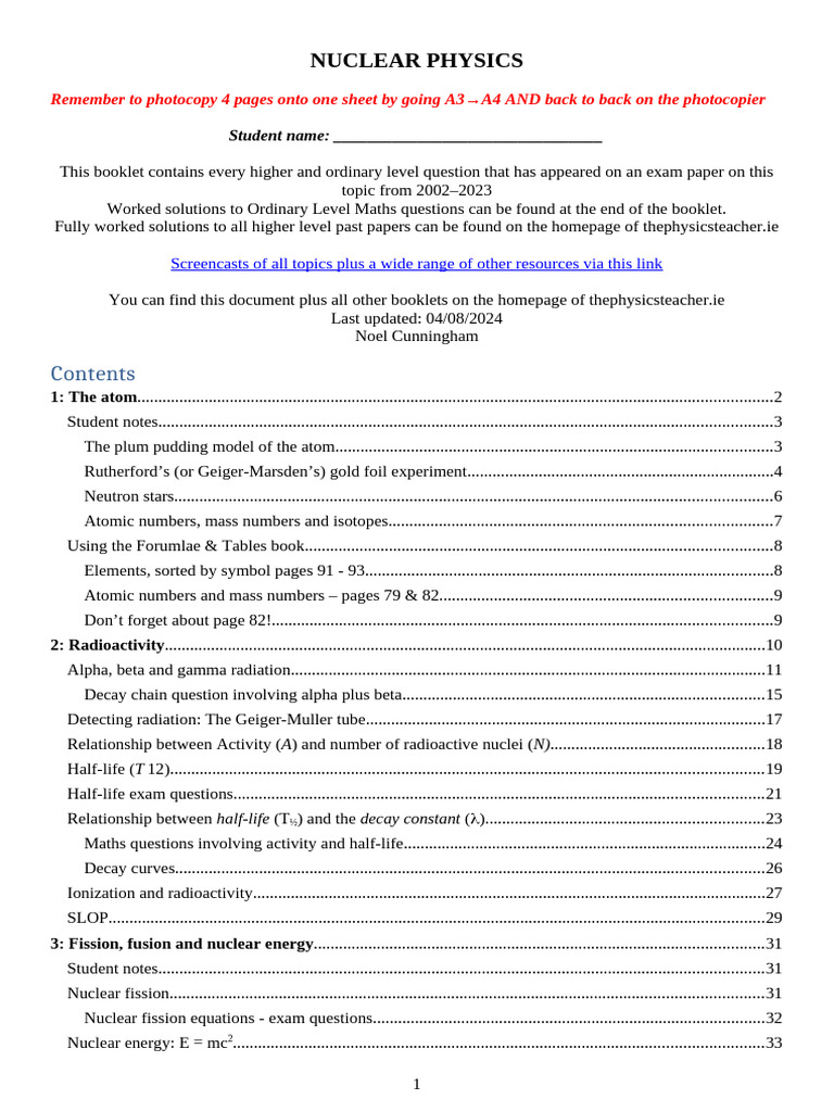 Nuclear Physics Booklet | PDF | Radioactive Decay | Neutron