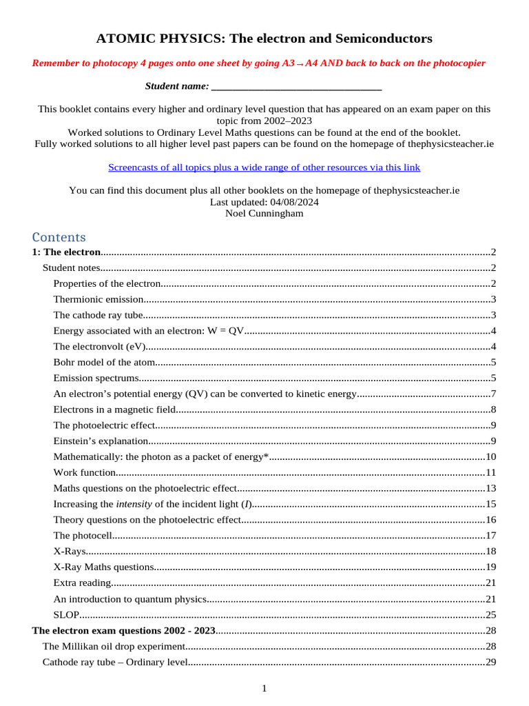 Atomic Physics Booklet | PDF | Photoelectric Effect | Electron
