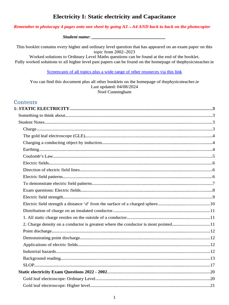 8. ELECTRICITY I Static Electricity and Capacitance Booklet | PDF ...
