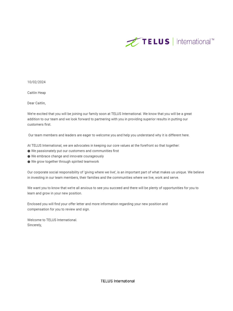 TELUS International Offer Letter 2024 | PDF | Employment | Business