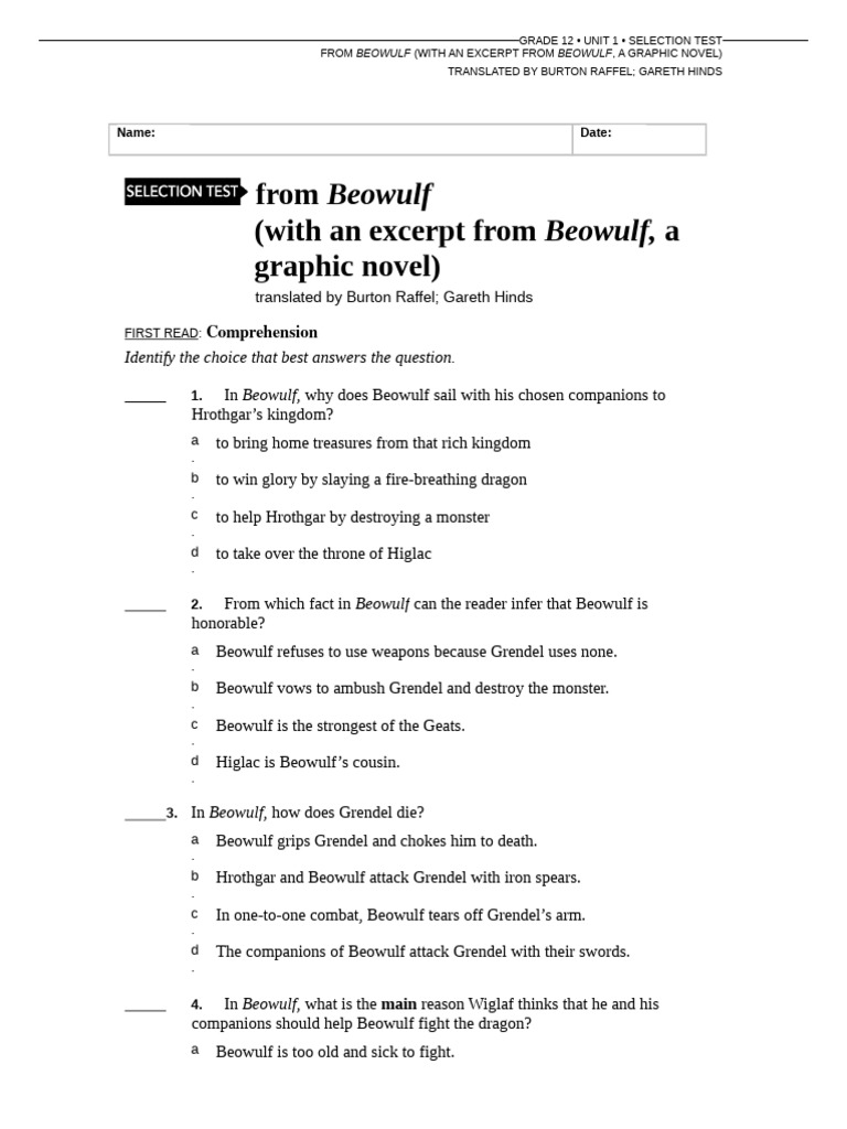 Beowulf Selection Test for Grade 12 | PDF | Beowulf | Old English Poems