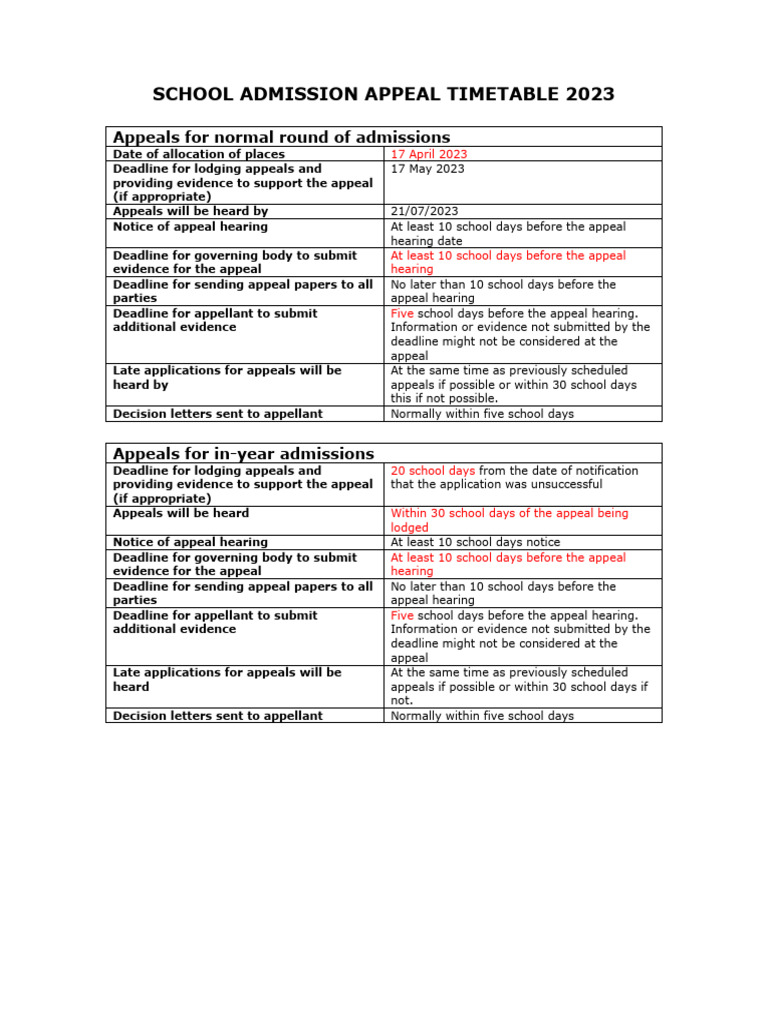 2023 School Admission Appeal Timetable | PDF | Appeal | Political Law
