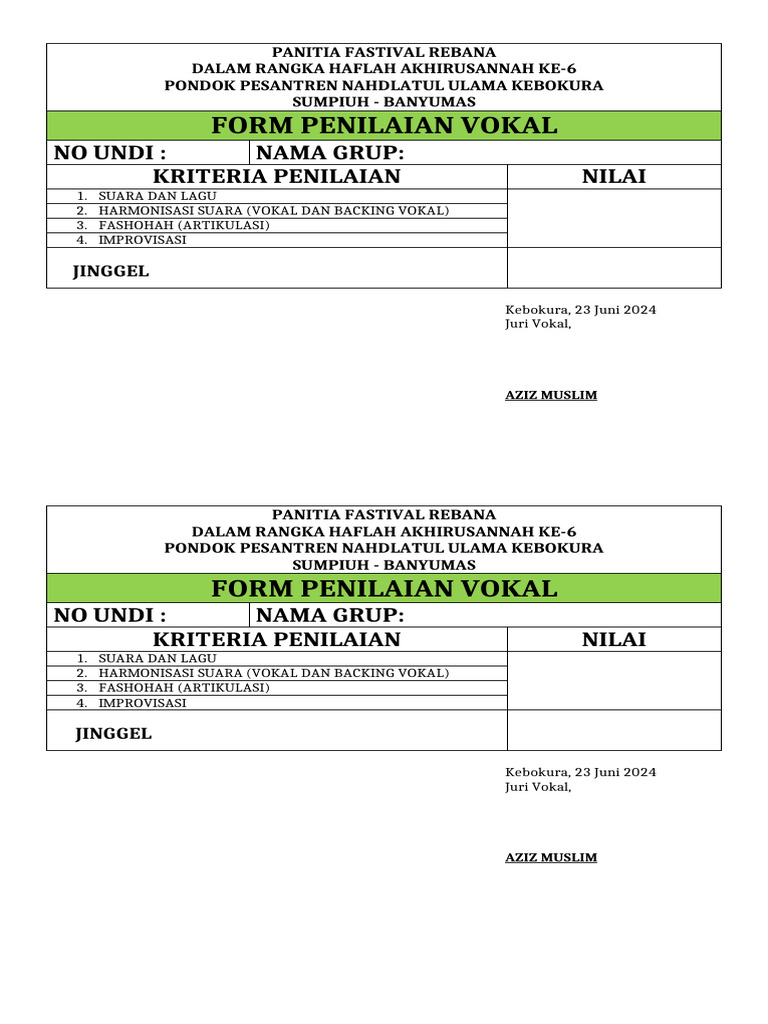Form Penilaian - PPNU-1 | PDF