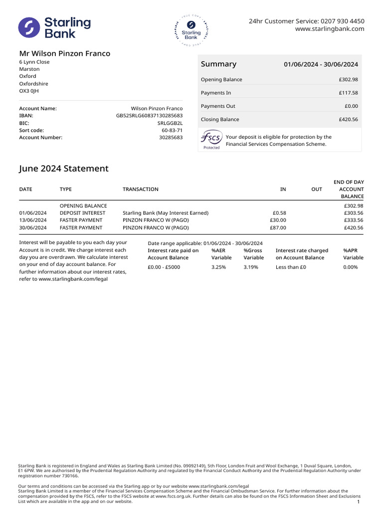 June 2024 Statement: MR Wilson Pinzon Franco | PDF | Banks | Interest
