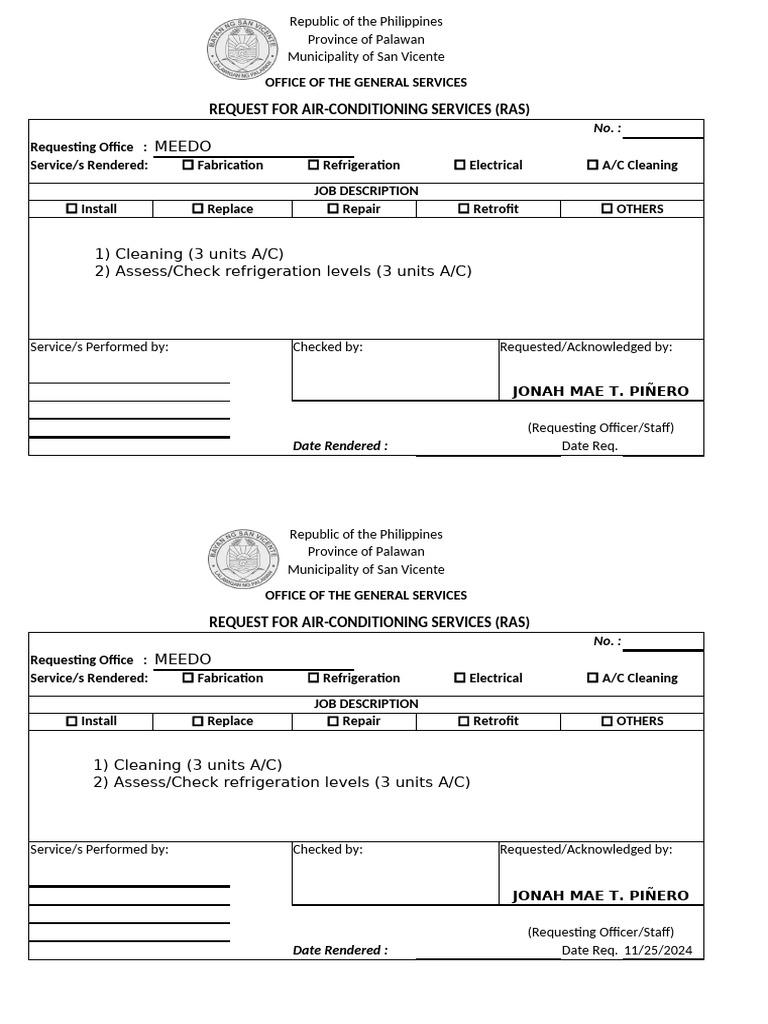 RAS Form - Aircon Services | PDF | Heat Transfer | Engineering ...