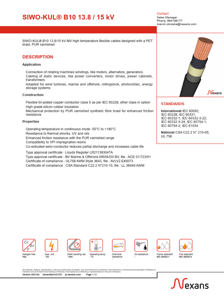 Nexans - SIWO KUL B10 13 8 15 KV | PDF | Electrical Resistance And Conductance | Polyurethane