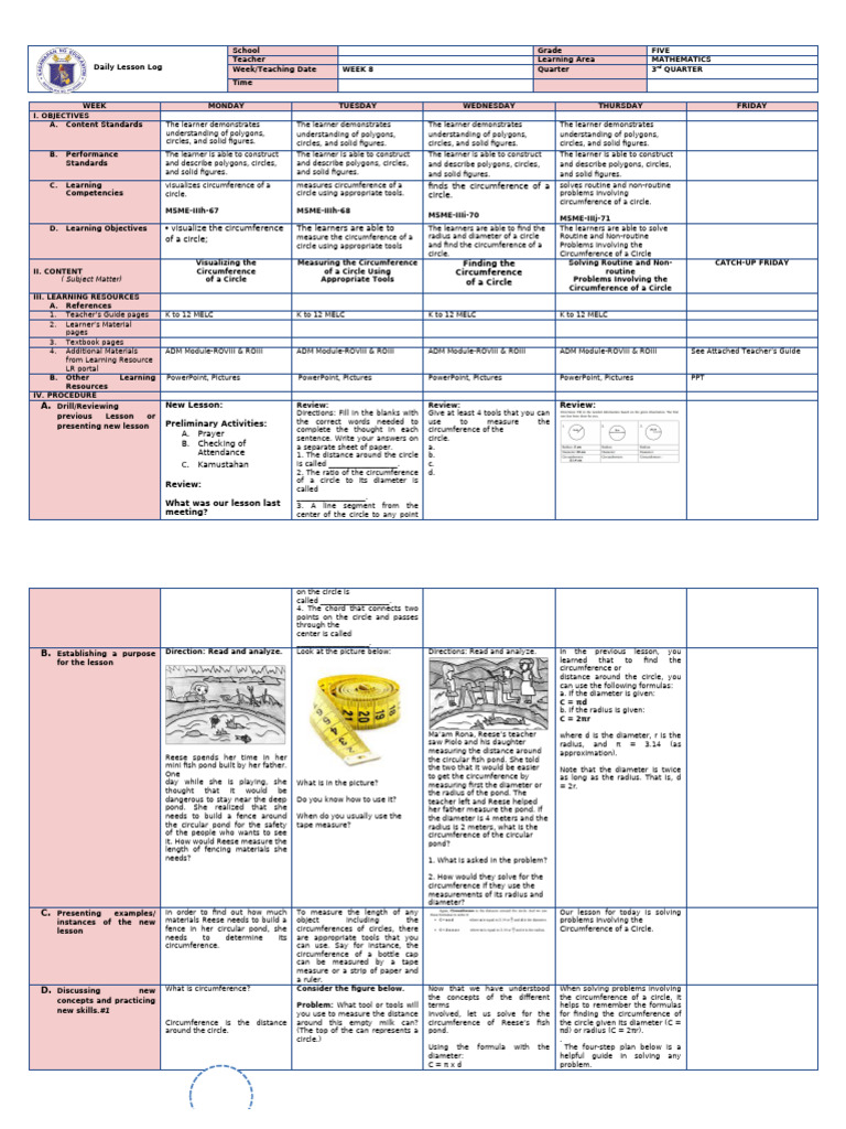 DLL WEEK 8-Q3 MATH 5 (1) | PDF | Circle | Pi