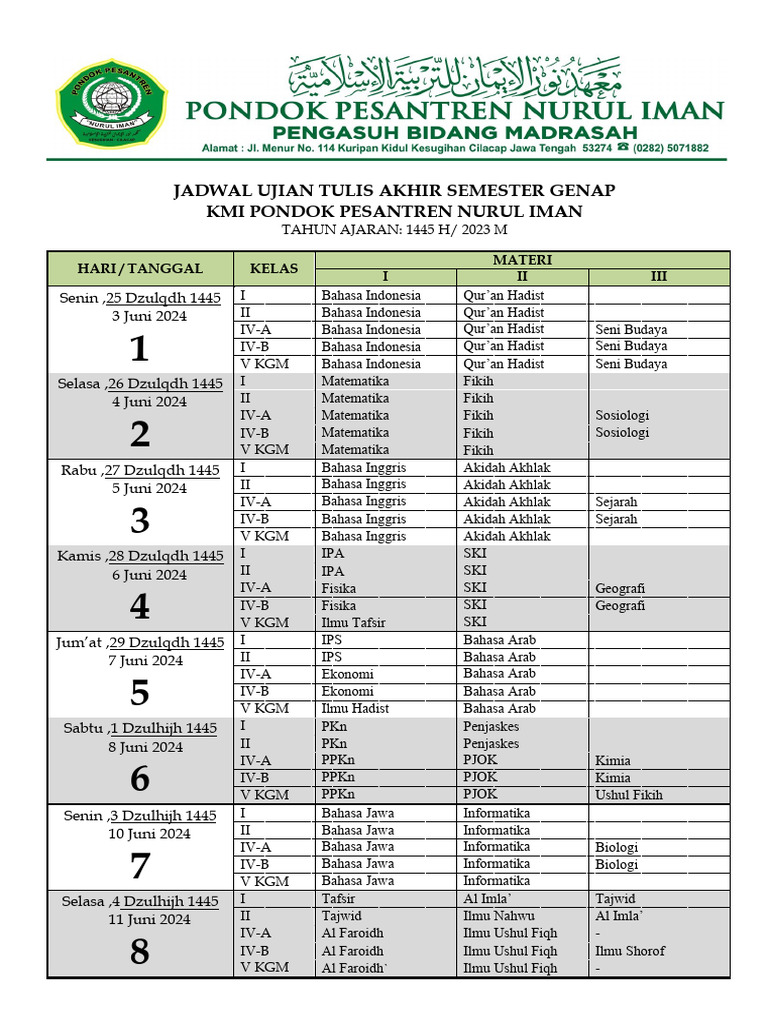 JADWAL UJIAN TULIS GENAP TERPADU MADRASAH-DINIYAH 2024 (Revisi) | PDF