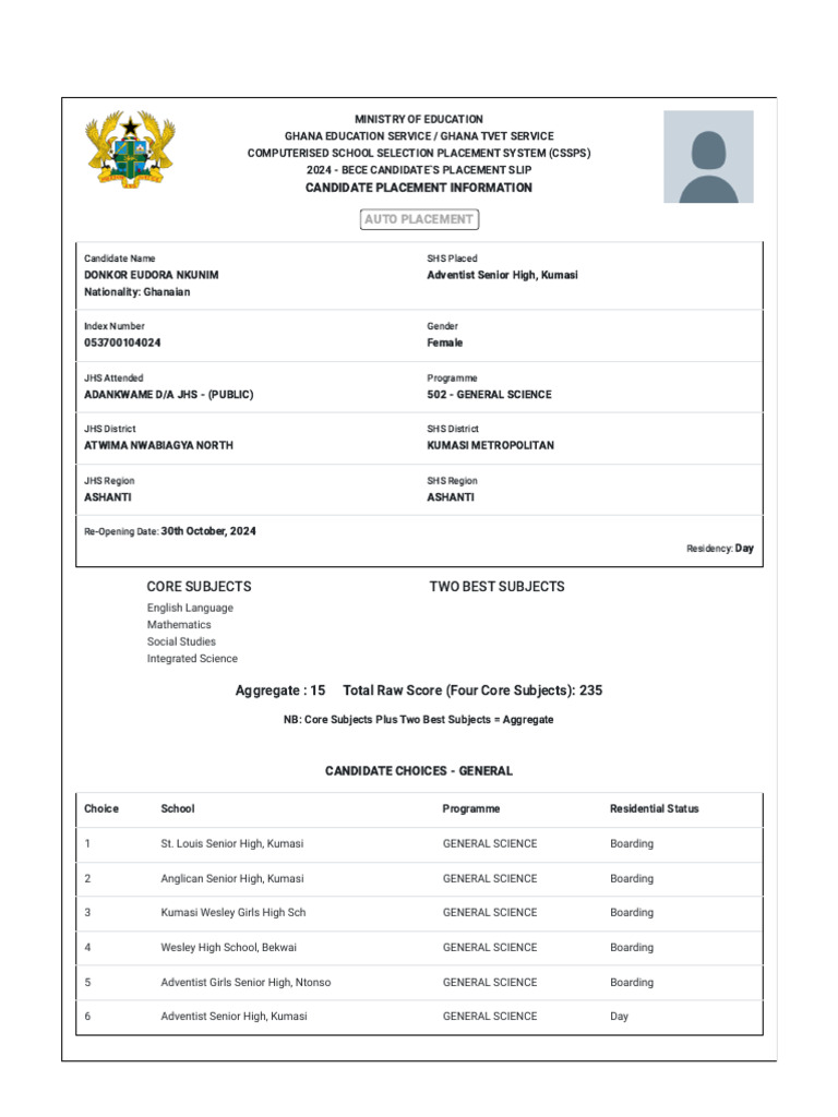 Cssps - Gov.gh Placement Placementslip | PDF | Ghana