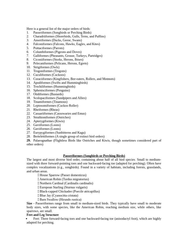 Bird Orders and examples | PDF | Owl | Galliformes