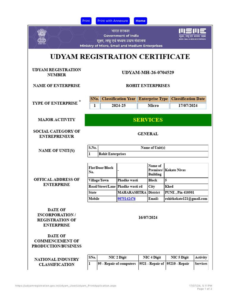 Print - Udyam Registration Certificate | PDF