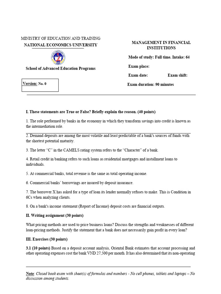Final-exam-sample-FIN460 | PDF | Banks | Interest