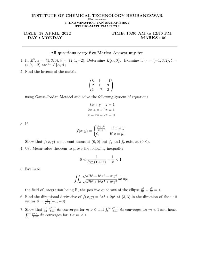 Question Paper (Math I) | PDF | Mathematics | Mathematical Analysis