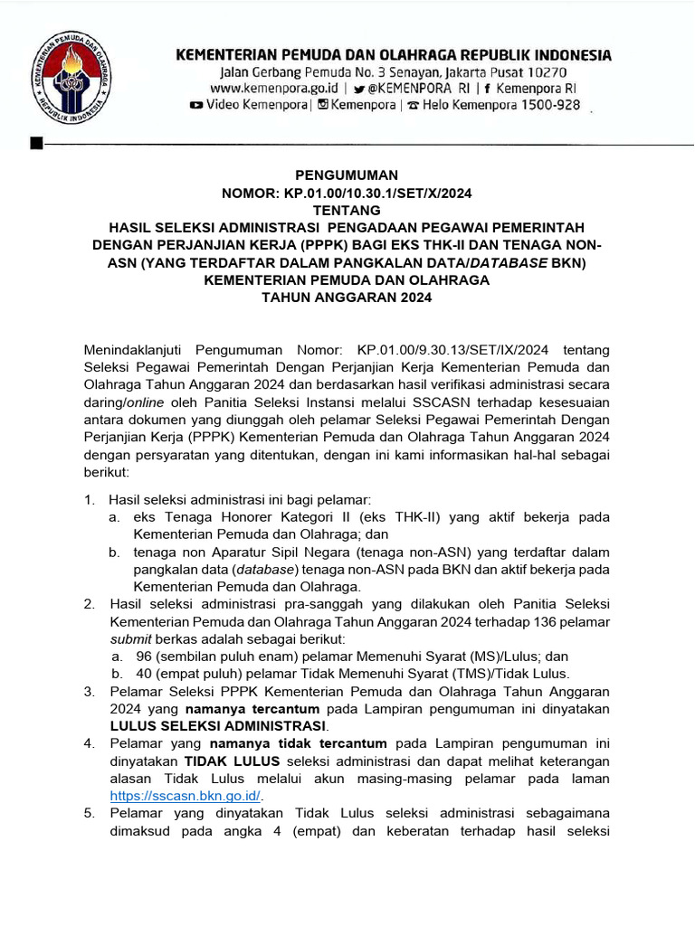 8527pengumuman Hasil Seleksi Administrasi Pengadaan Pegawai Pemerintah Dengan Perjanjian Kerja ...