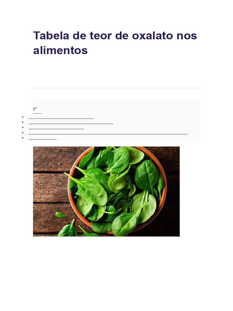 Tabela de Teor de Oxalato Nos Alimentos | PDF | Cálcio | Alimentos
