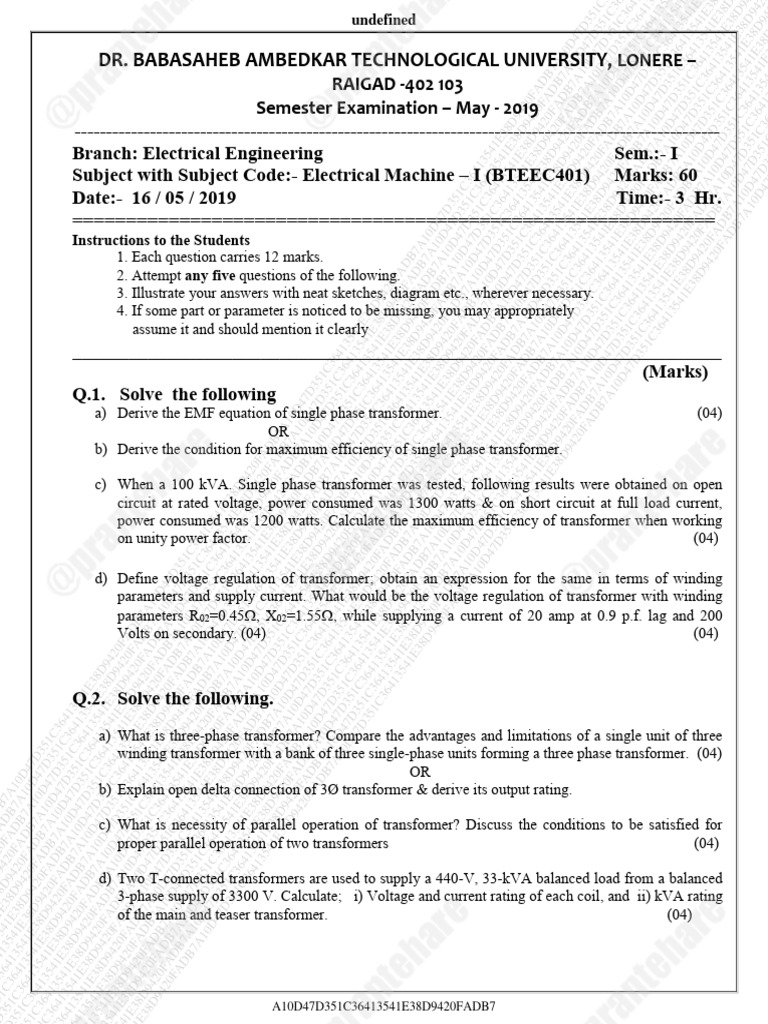 Electrical Machine Exam Questions | PDF | Transformer | Power (Physics)