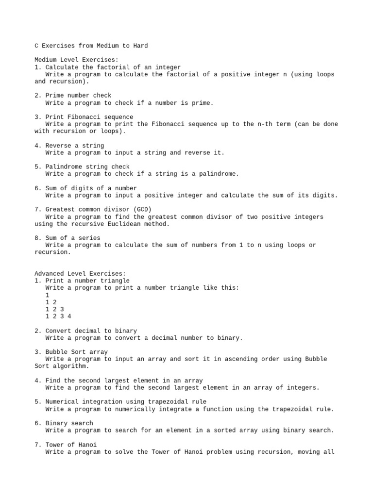 C Exercises Medium To Hard | PDF | Numbers | Dynamic Programming