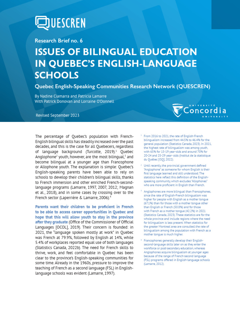 ISSUES OF BILINGUAL EDUCATION IN QUEBEC’S ENGLISH-LANGUAGE | PDF ...