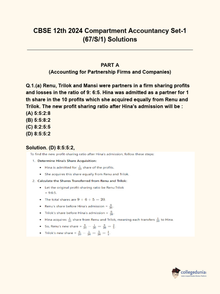 CBSE 12th 2024 Compartment Accountancy Set 1 67 S 1 Solutions | PDF ...