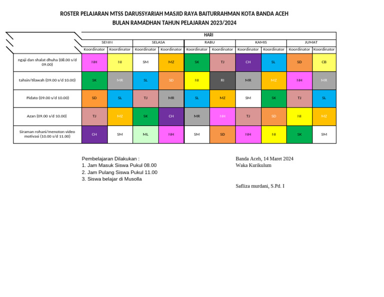 Roster Pelajaran Ramadan MTSS 2023/2024 | PDF