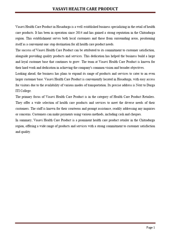 Vasavi Health Care Product Hosadurga | PDF | Consumer Behaviour | Brand