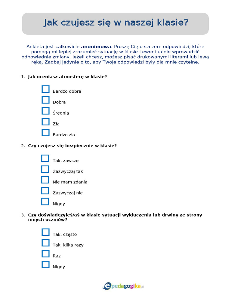 Ankieta Dotyczaca Sytuacji W Klasie. Jak Czujesz Sie W Naszej Klasie Ankieta Dla Uczniow | PDF
