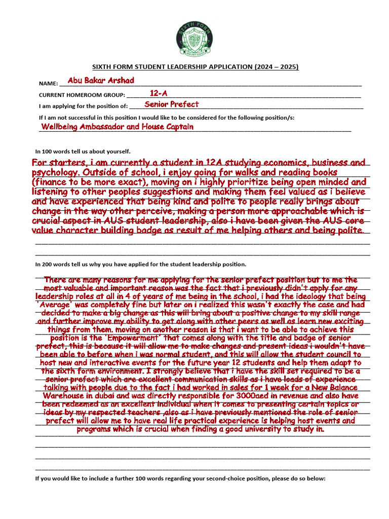 STUDENT LEADERSHIP APPLICATION FORM | PDF