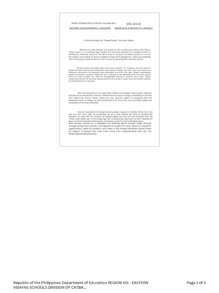 Movie Analysis On "Paper Towns" | PDF