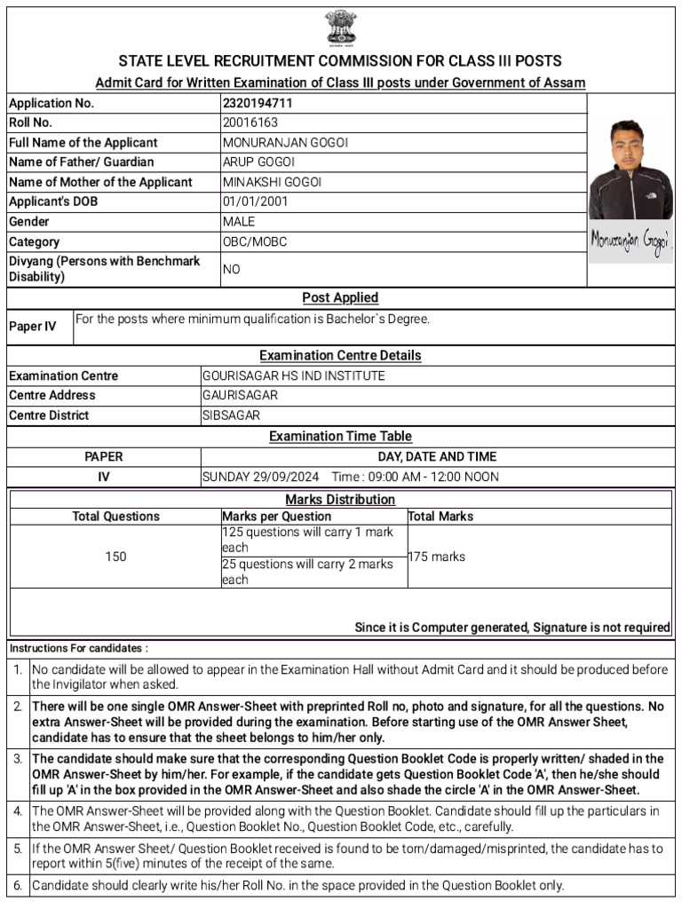 State Level Recruitment Commission For Class Iii Posts | PDF | Identity ...