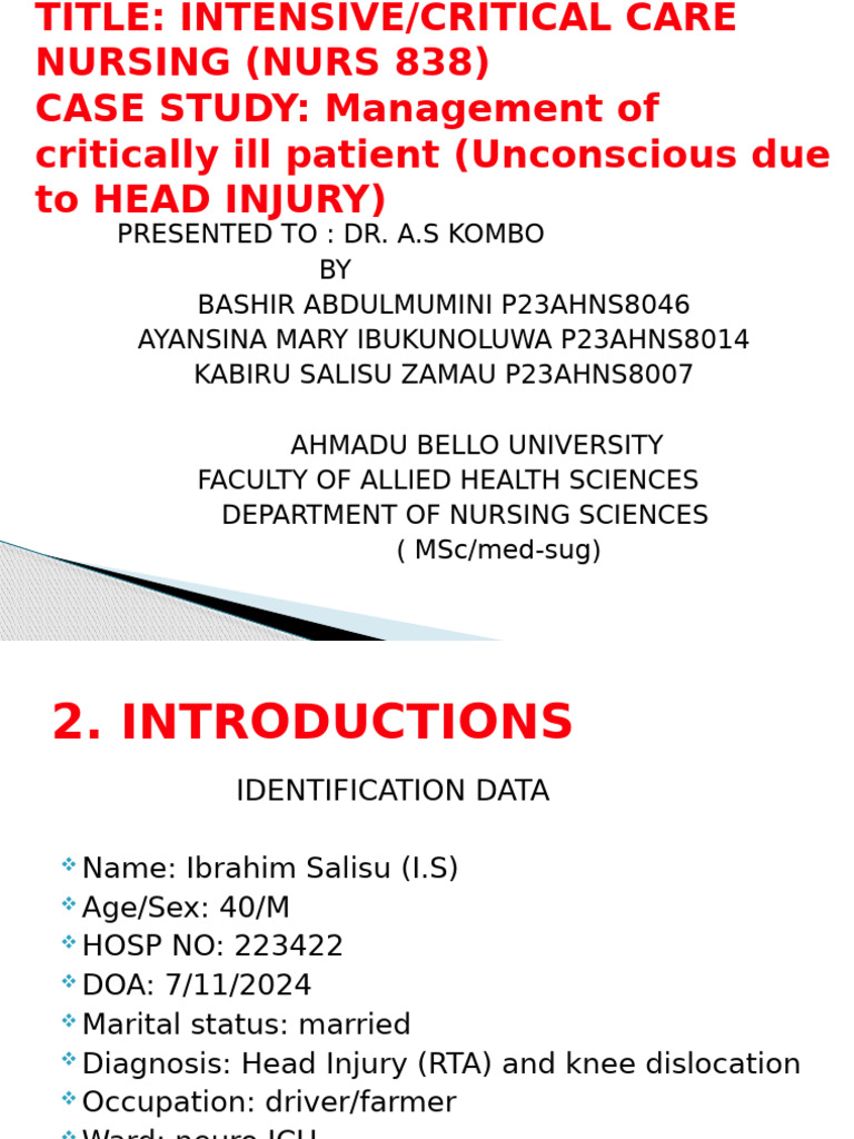 Case Study Presentation On Pt. With Head Injury | PDF | Coma | Medical Specialties