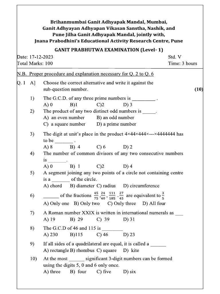 Ganit Prabhutva Pariksha 5th English | PDF