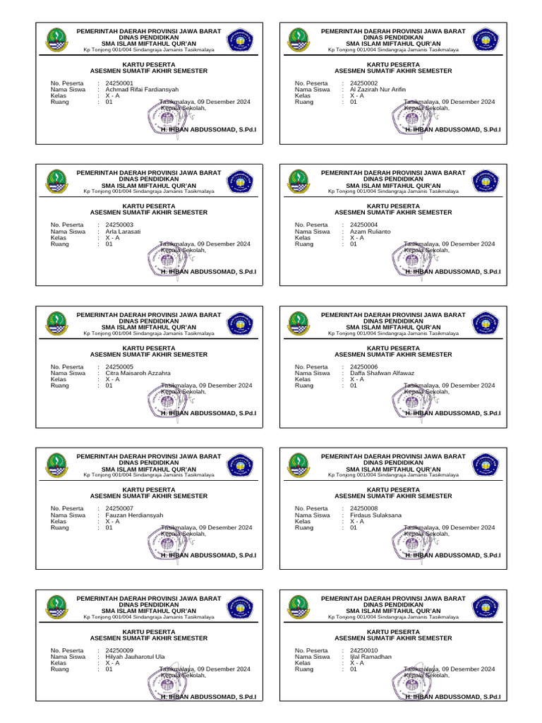 Kartu Ujian Asas Smai MQ | PDF