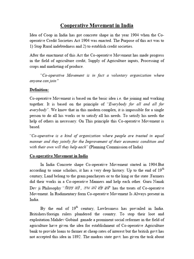 Cooperative Movement in India | PDF | Cooperative | Economies